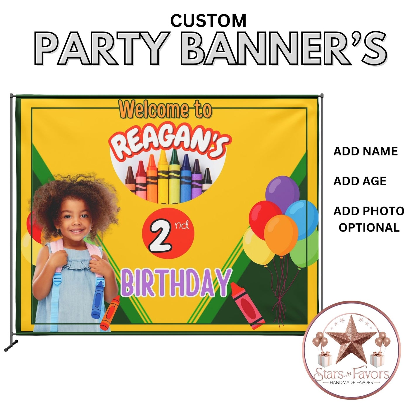 Crayon Birthday Theme Custom Banner – Personalized Name & Age – Stars ...
