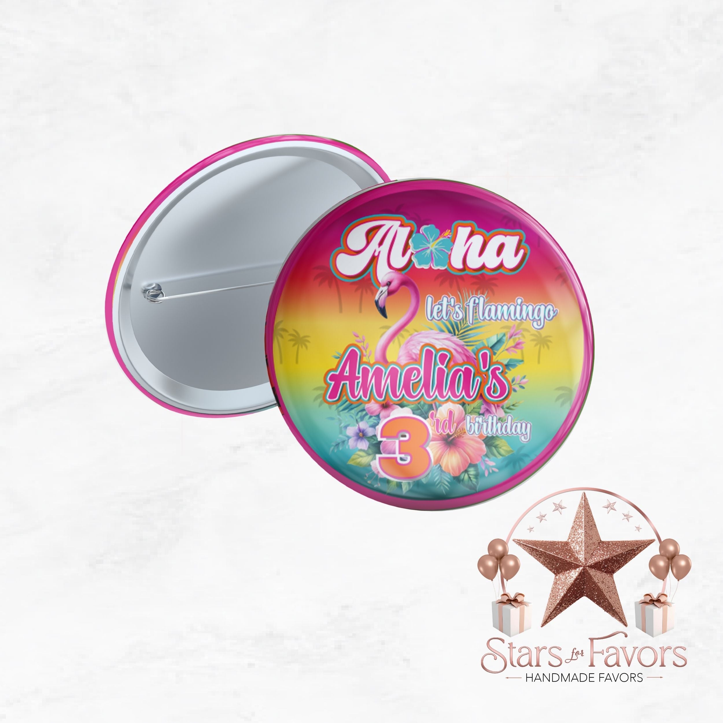 Aloha Let's Flamingo Custom Button Pins – Stars For Favors